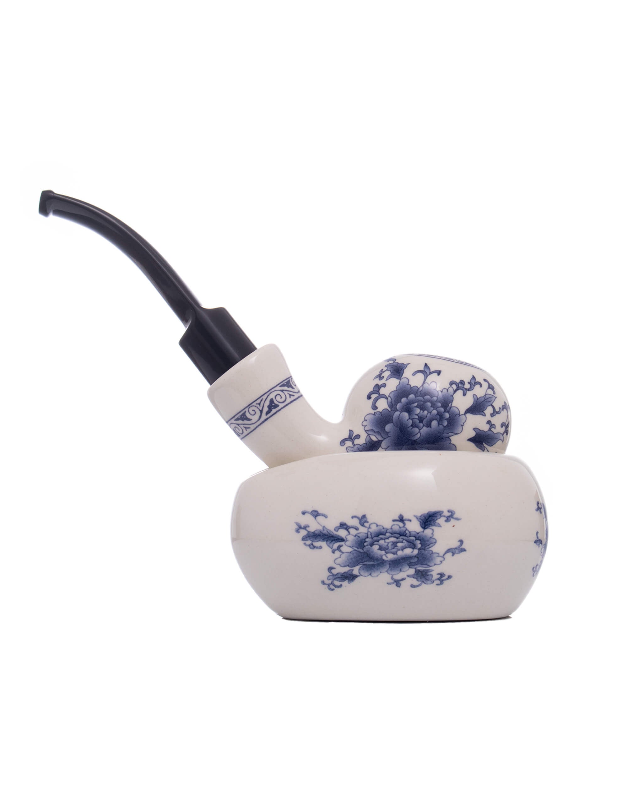 Ceramic Weed Pipe with Stand - Blue & White Flowers - World of Bongs