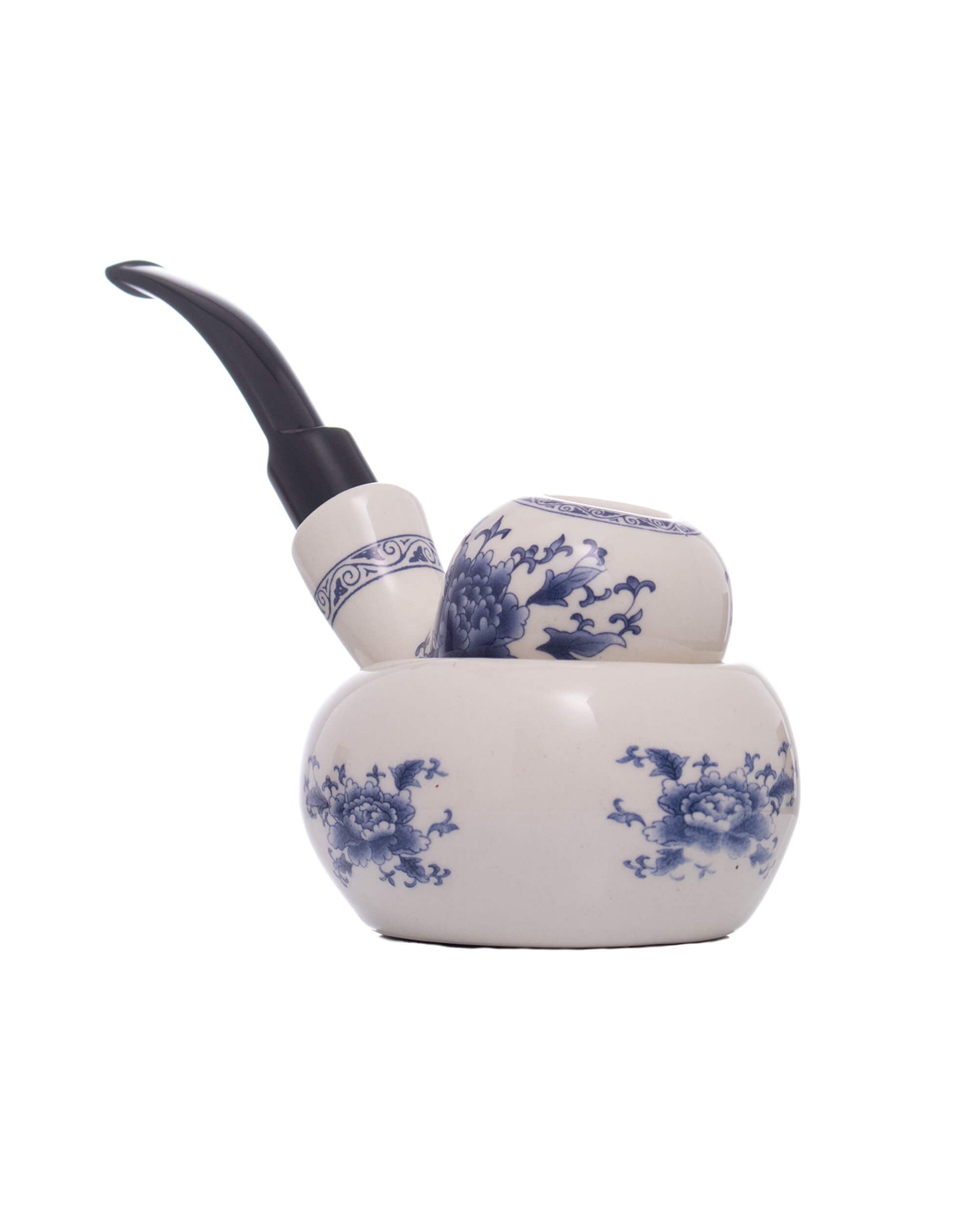 Ceramic Weed Pipe with Stand - Blue & White Flowers - World of Bongs