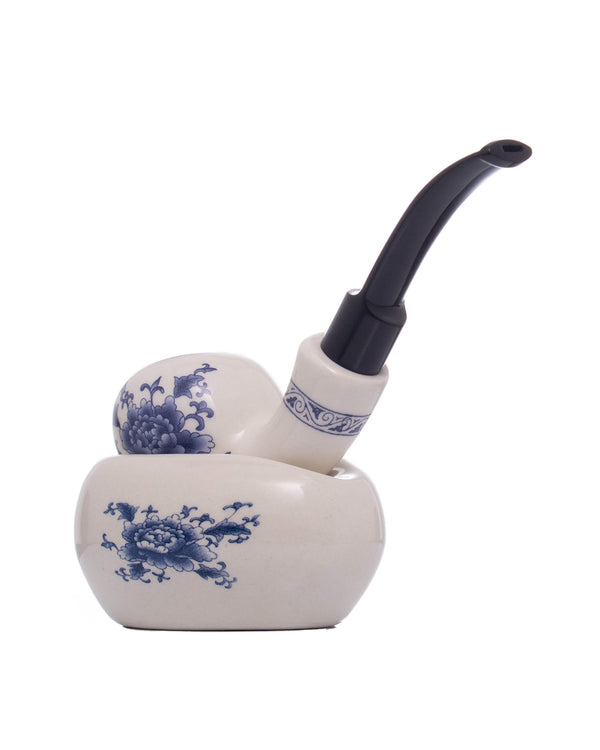 Ceramic Weed Pipe with Stand - Blue & White Flowers - World of Bongs